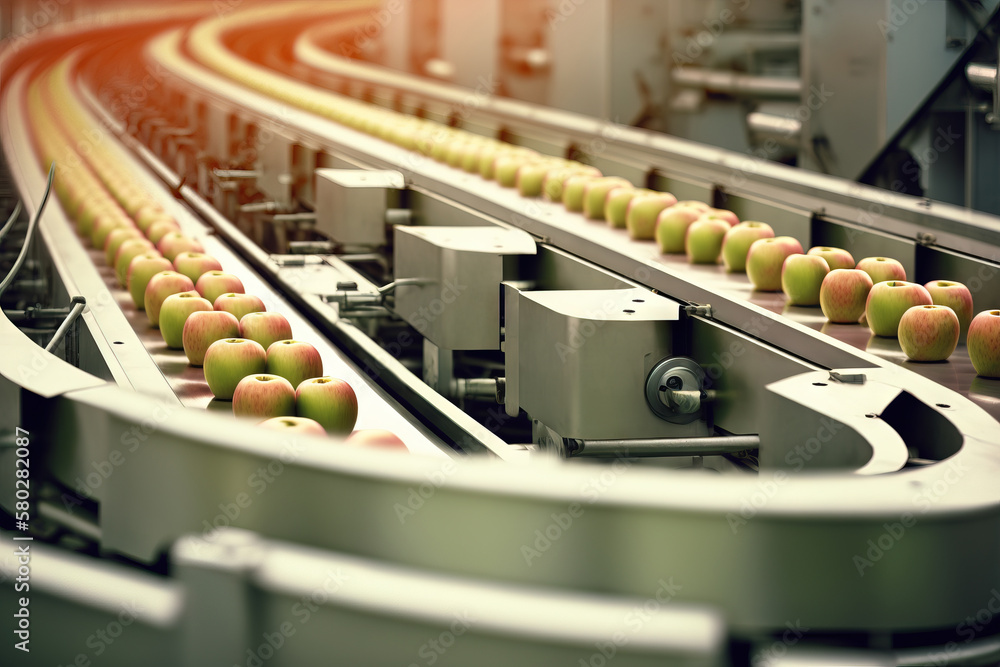 Apples in a food processing facility, clean and fresh, ready for ...