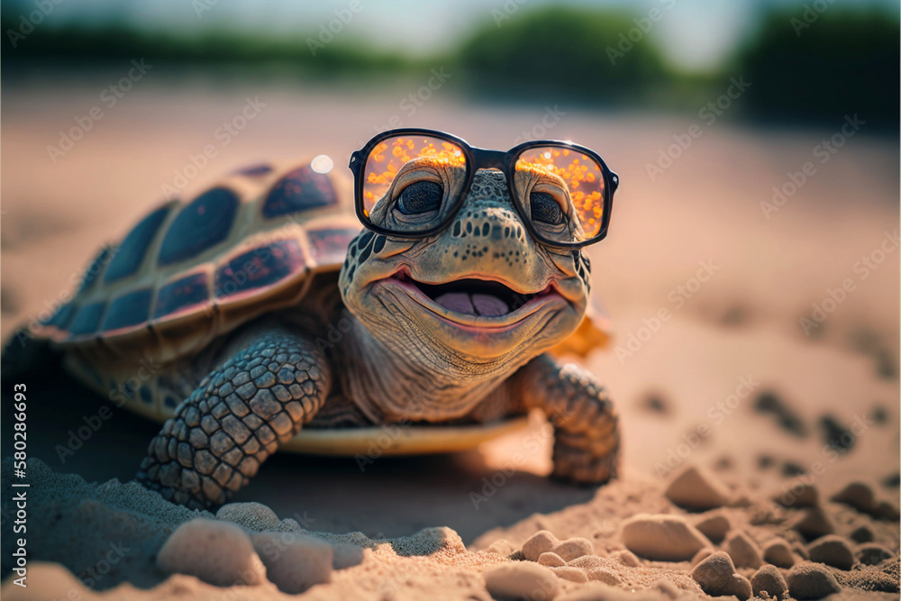 Cheerful smiling turtle in sunglasses on the sea beach, animal on ...