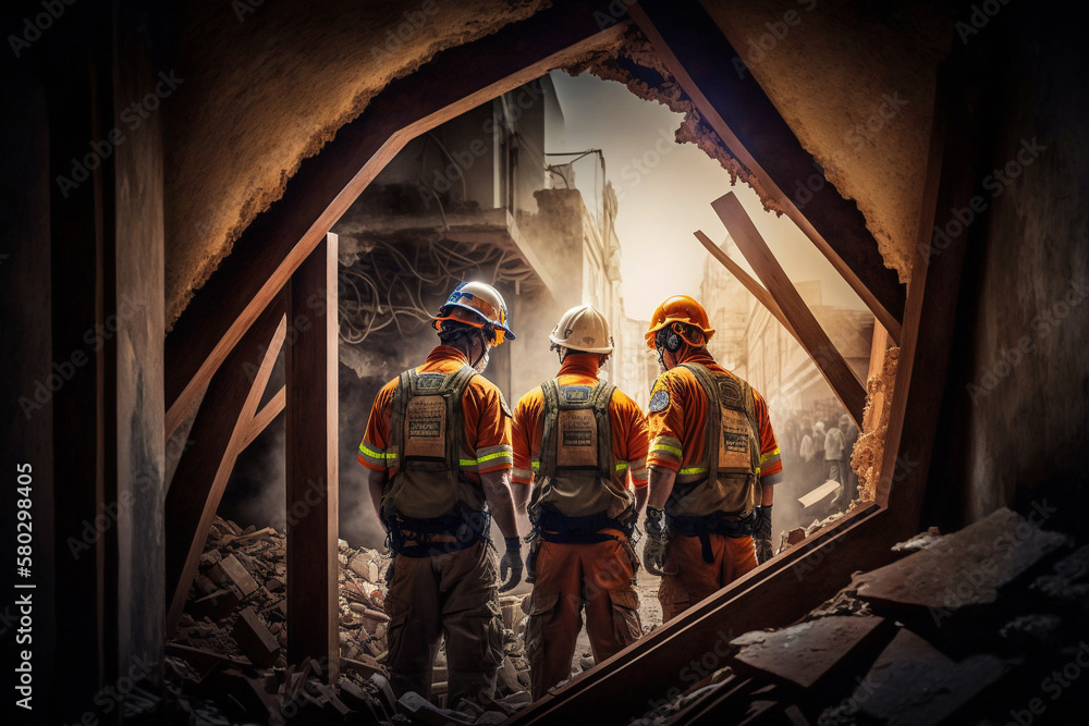 Rescuers in uniform and helmets dismantle the rubble of houses after ...