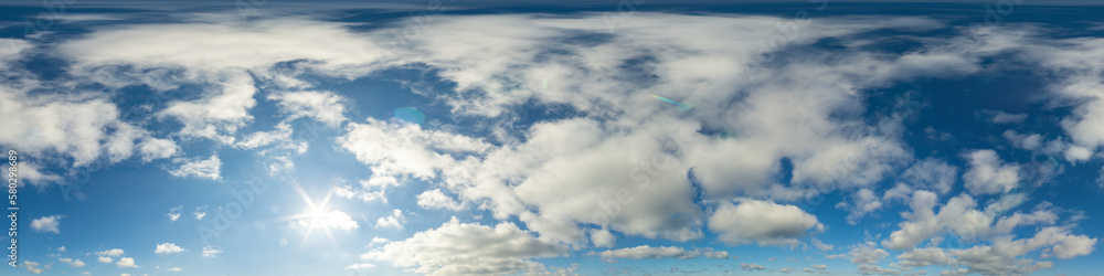 Blue sky panorama with puffy Cumulus clouds. Seamless hdr pano in ...