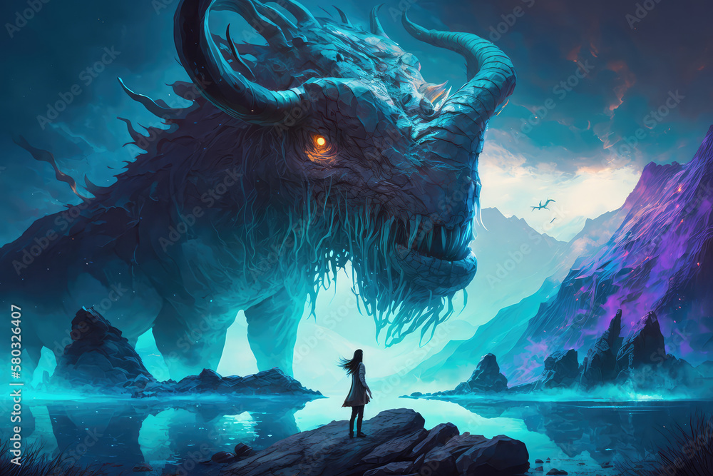 Mage woman summoning a giant creature. Colorful Landscape. 3D ...