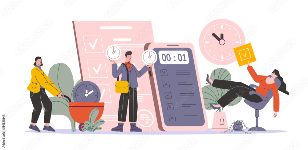 Time management process. Cartoon people organize work by dates and ...