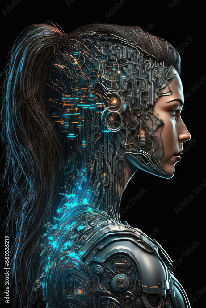female robot with human looking face in side profile, artificial ...