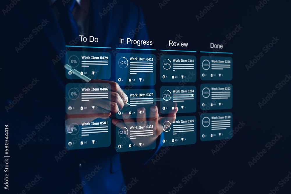 Agile software development or project management using kanban or scrum methodology boards on ...