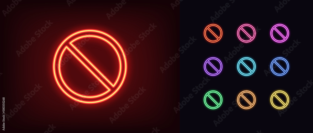 Outline neon ban icon set. Glowing neon forbidden crossed circle sign ...