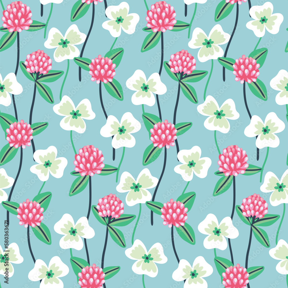 Seamless floral pattern, spring flower print with clover on a blue ...