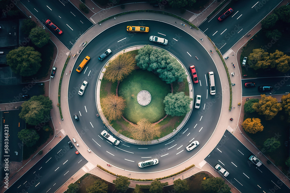 Top view of car traffic on multi-lane highways or expressways, traffic ...