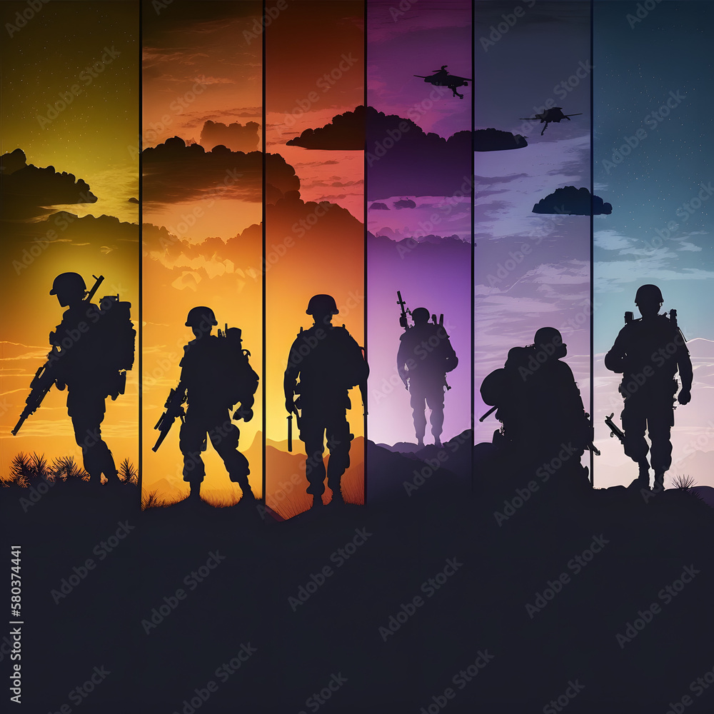 Military silhouettes on sunset sky background banner collage Stock ...