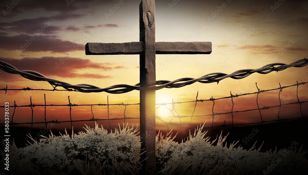 Sunset on Calvary illuminates Jesus Christ breaking barrier wires of ...