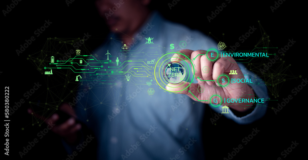 Net zero and carbon neutral concept.,Businessman touching on ESG and net zero,save planet in ...