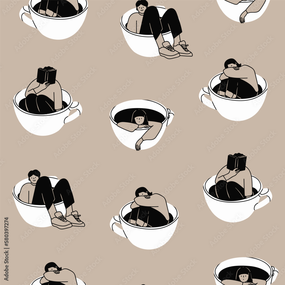 Set of various young People sitting in the big giant Cups in different ...