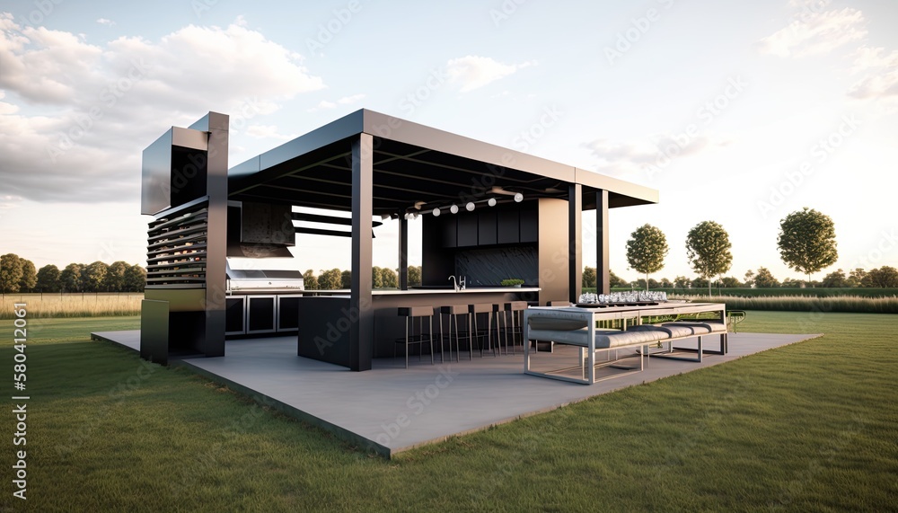 A modern outdoor kitchen set up on a sprawling sports field, complete ...