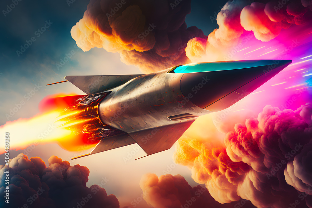 Abstract modern sci-fi digital neon jet fire powerful jet fighter in ...