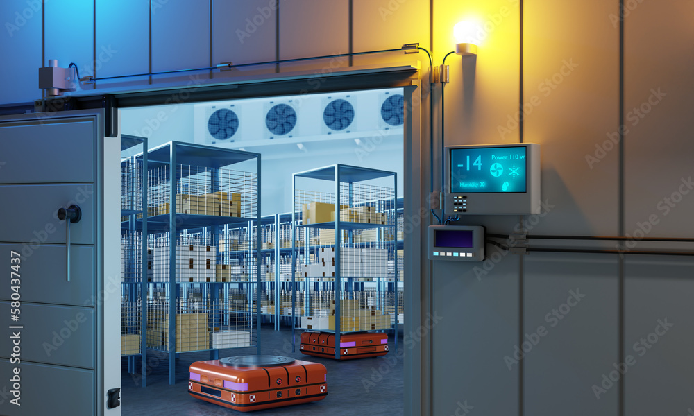 Supermarket refrigerator. Robots in industrial freezer. Interior of ...