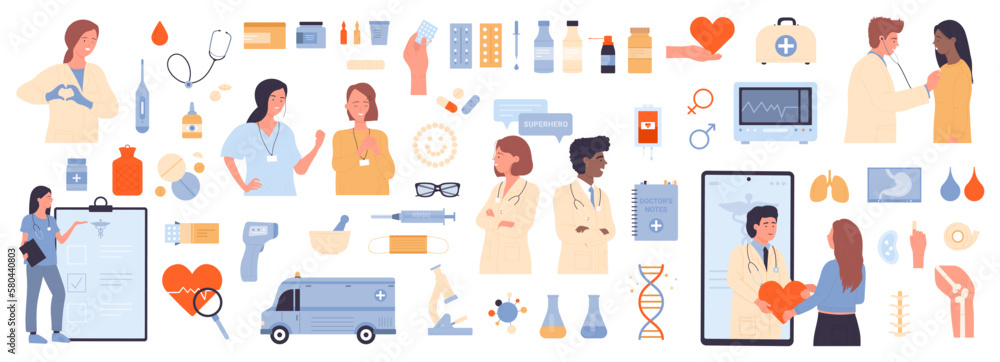 Medicine set vector illustration. Cartoon medical collection with ...