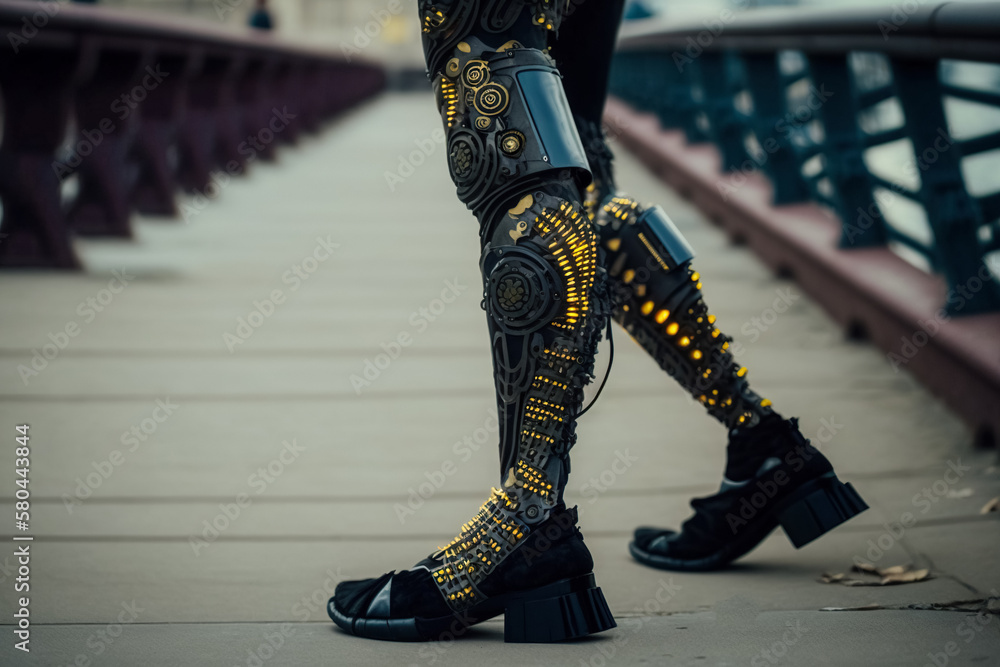 Cyborg is walking on down the street. Cyborg detail. Artificial ...