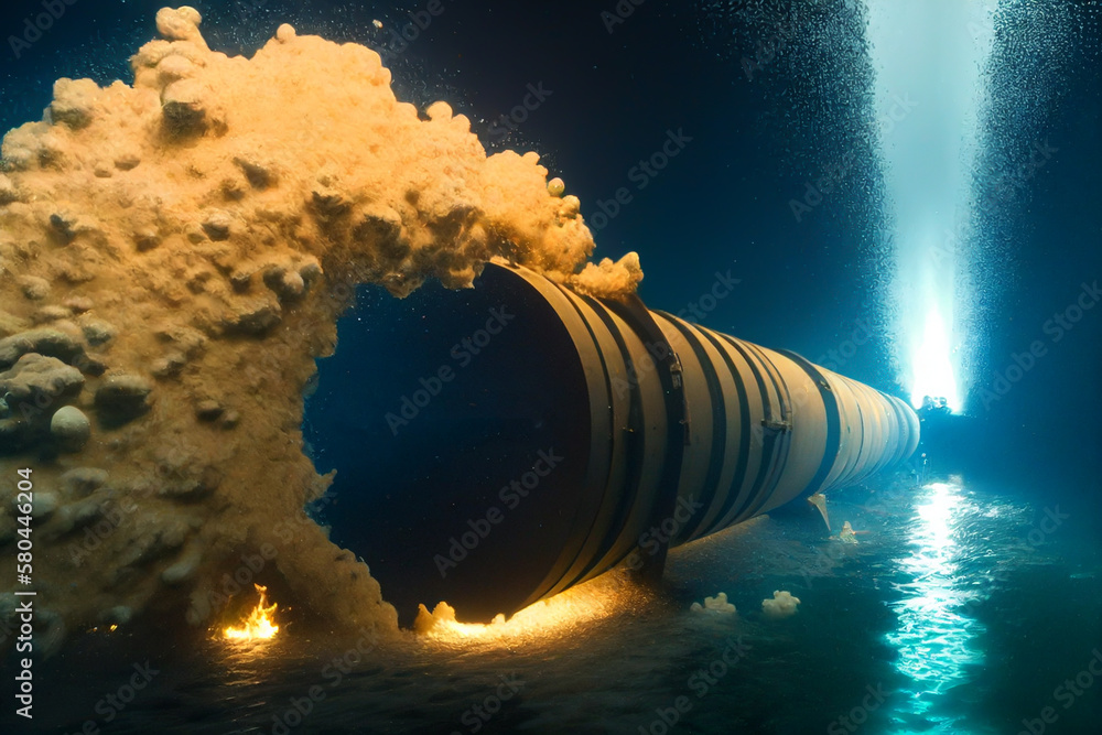 Ilustração Gas Pipeline explosion in sea. Gas pipeline fire boils ...