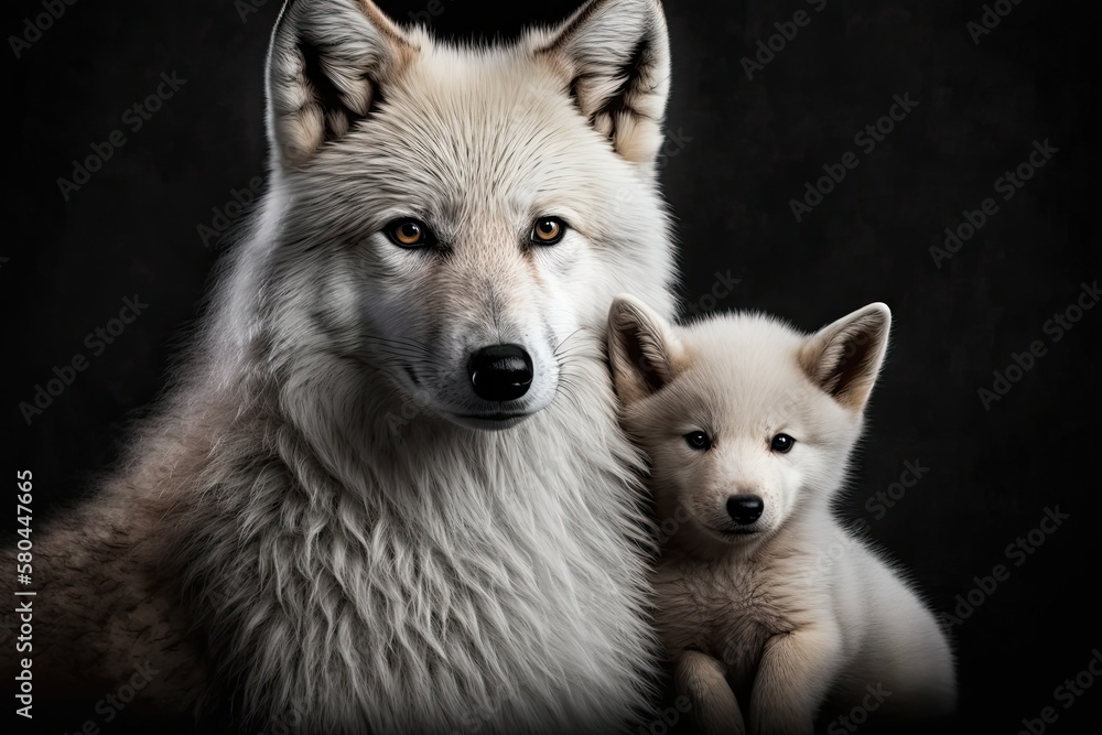 Canis lupus arctos, a white Arctic wolf, with a cute and playful wolf ...