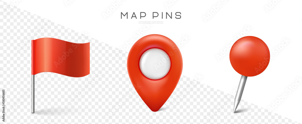 Pin set with shadow. Map marks for gps point. Vector 3d red plastic ...