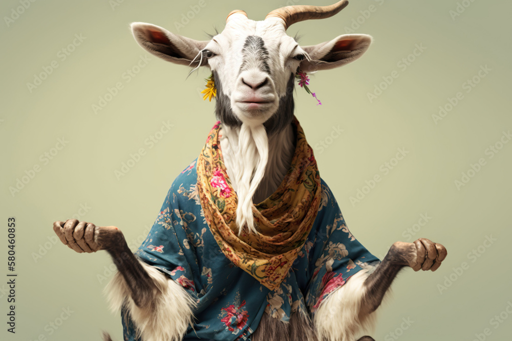 Studio portrait of goat in boho clothes doing meditation, created with Generative AI technology ...