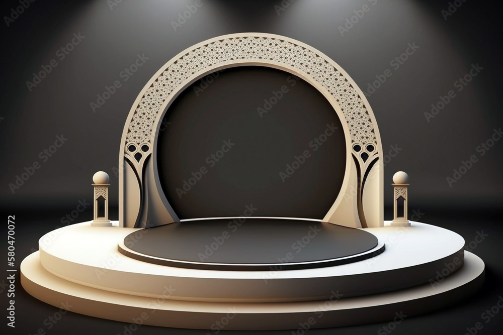 Empty golden podium stage for product display with islamic ...