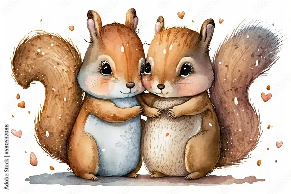 Ilustración de Stock Cute squirrels couple hugs, watercolor clipart ...