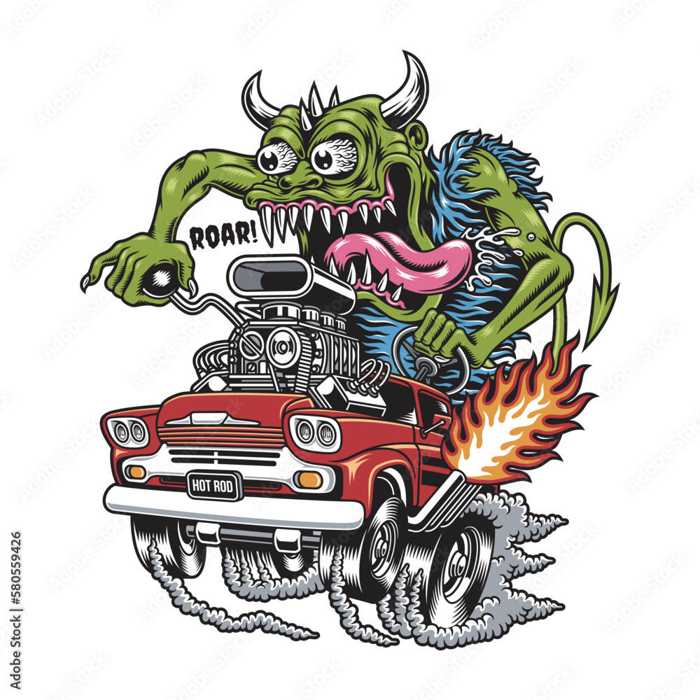Monster Driving Hot Rod Cartoon Vector Graphics Stock Vector | Adobe Stock