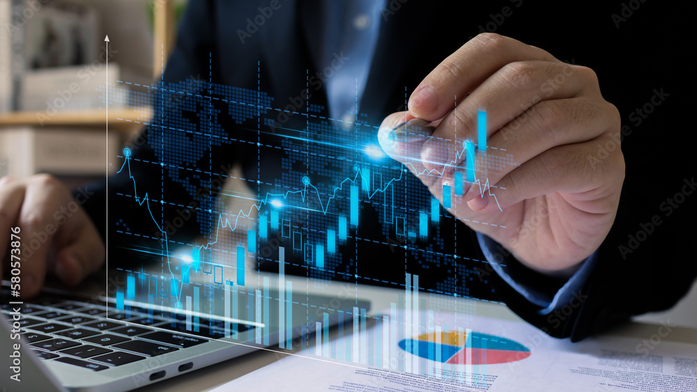 Businessman plan up bar chart growth rate and growing arrow, Increase ...