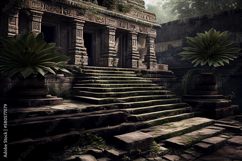 ancient Aztec temple ruins, with moss-covered stone steps and carvings ...