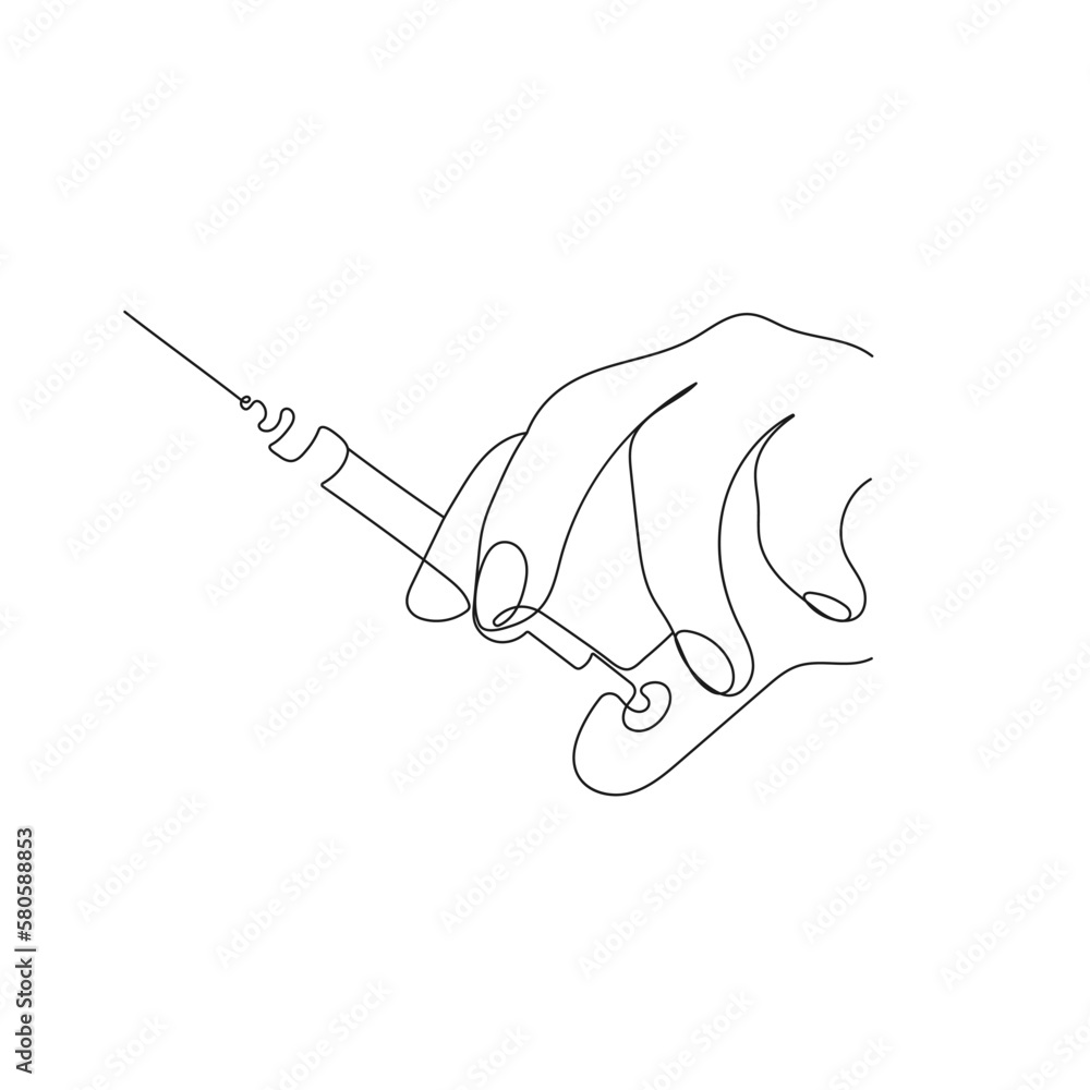 Hand holding syringe with needle. One line art. Vaccination, health ...