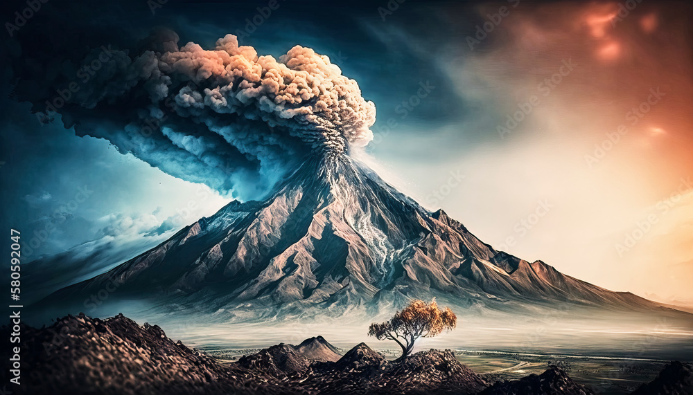 An ancient volcano in a parched landscape with an acacia tree emits ...