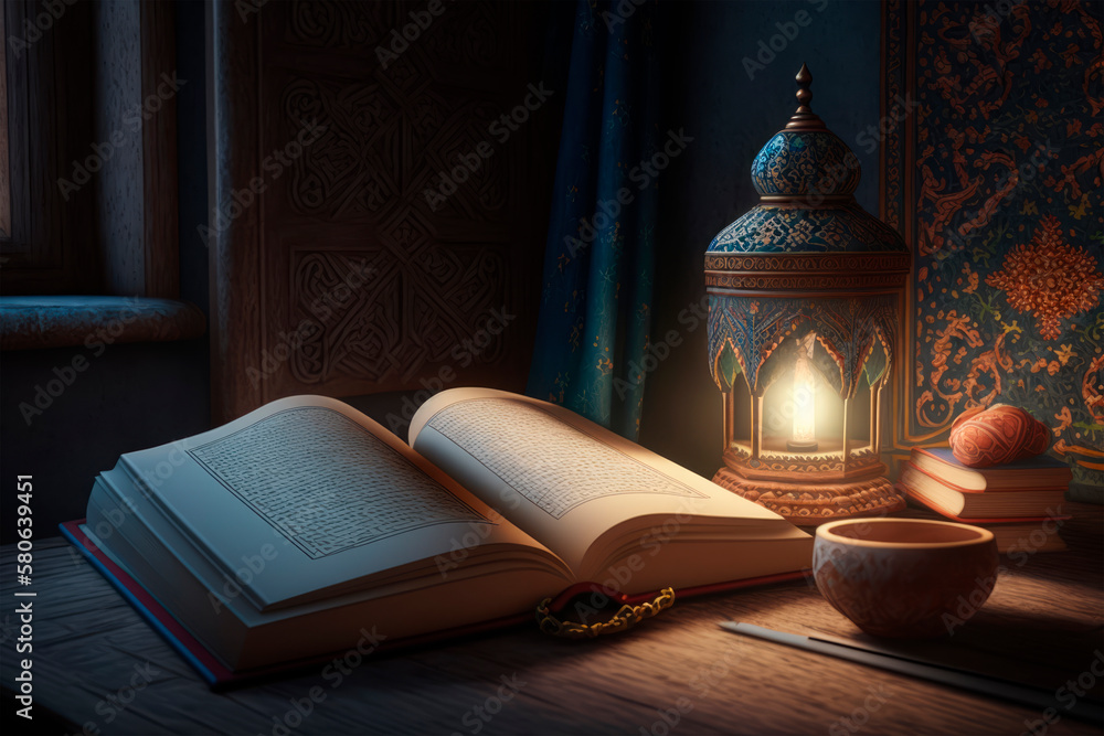 Open book Koran and Ramadan lantern. Reading Quran, prayer. Abstract ...