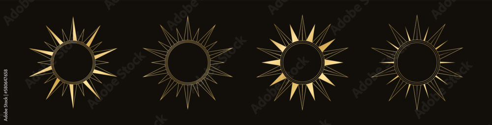 Gold celestial sun frames vector illustration set. Bohemian mystic ...