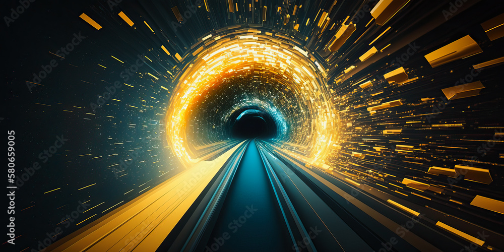 Speed of light, warp speed tunnel, gold and cyanoblue colors with fast ...