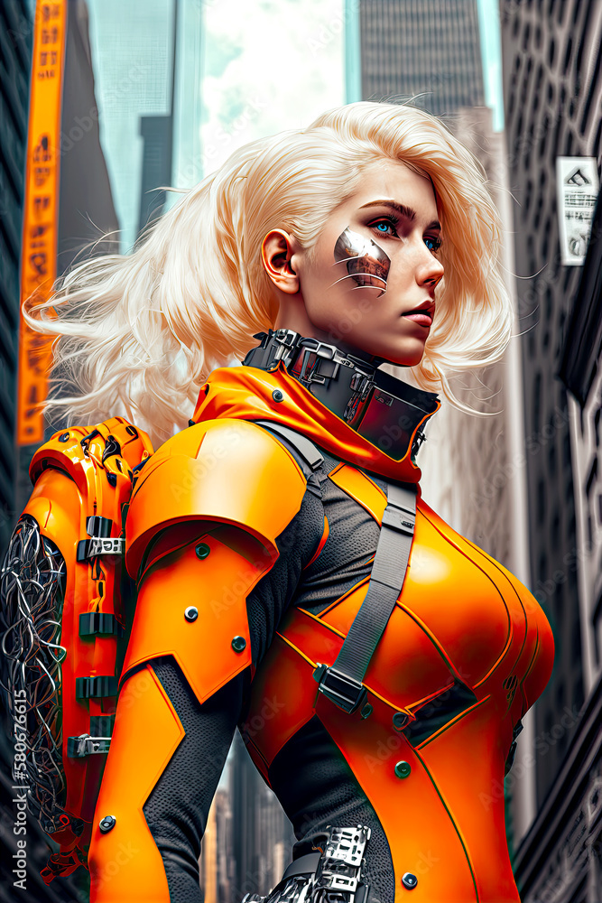 Futuristic Woman in Orange Suit. Generative AI, non-existent person ...