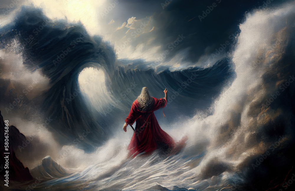 Stock-Illustration „Moses parting the red sea, biblical depiction ...
