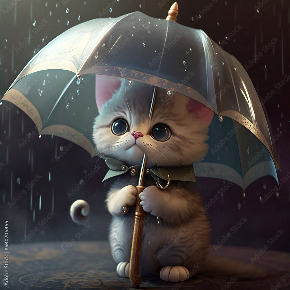 Cute and adorable cartoon kitten in the rain holding an umbrella ...