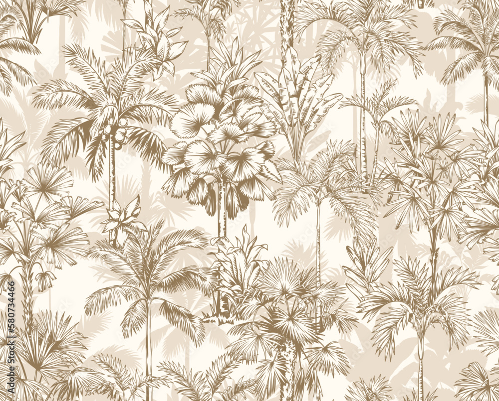 Vintage seamless pattern with tropical palms. Trees in linear style ...