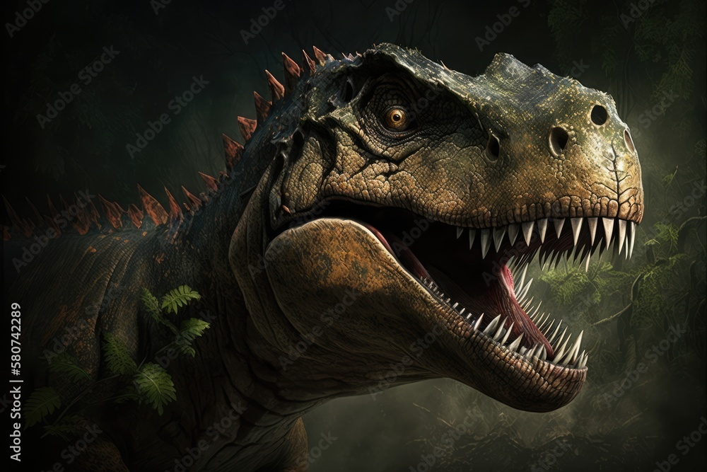 Tyrannosaurus rex roaring over rock wall and leaves, created using ...
