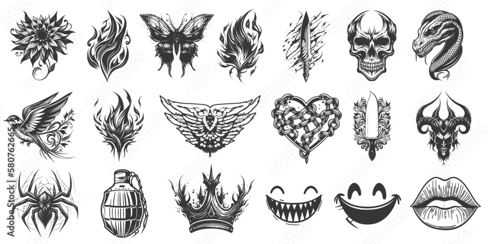 Tattoo art 1990s, 2000s. Y2k stickers isolated on white background ...