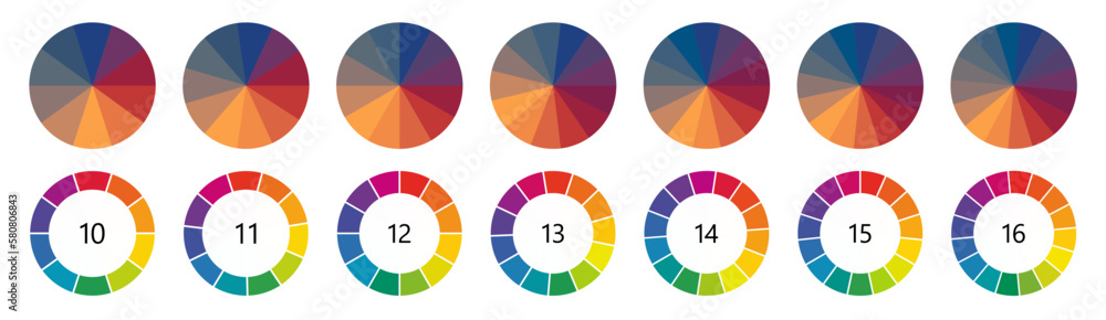 Circle shape divided into colorful segments, version with 10 to 16 ...