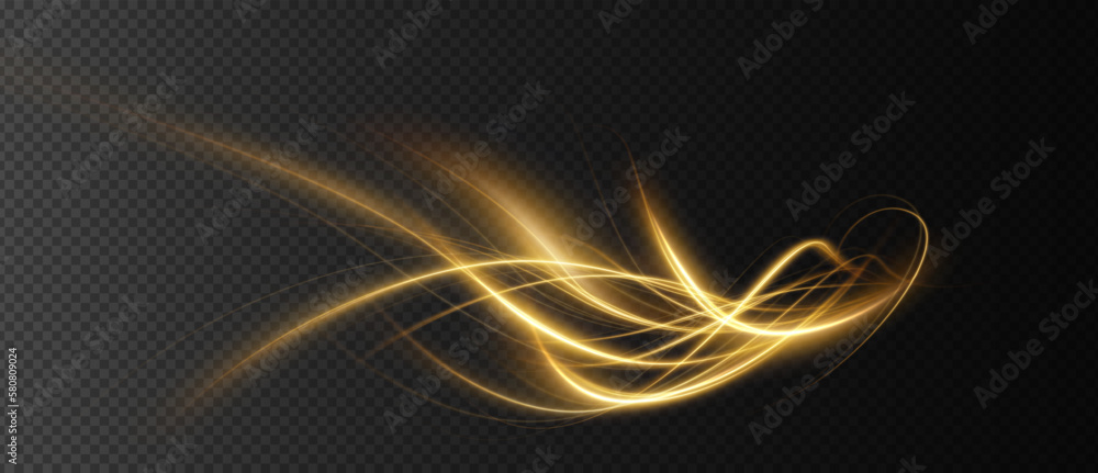 Luminous gold wavy line of light on a transparent background. Gold ...