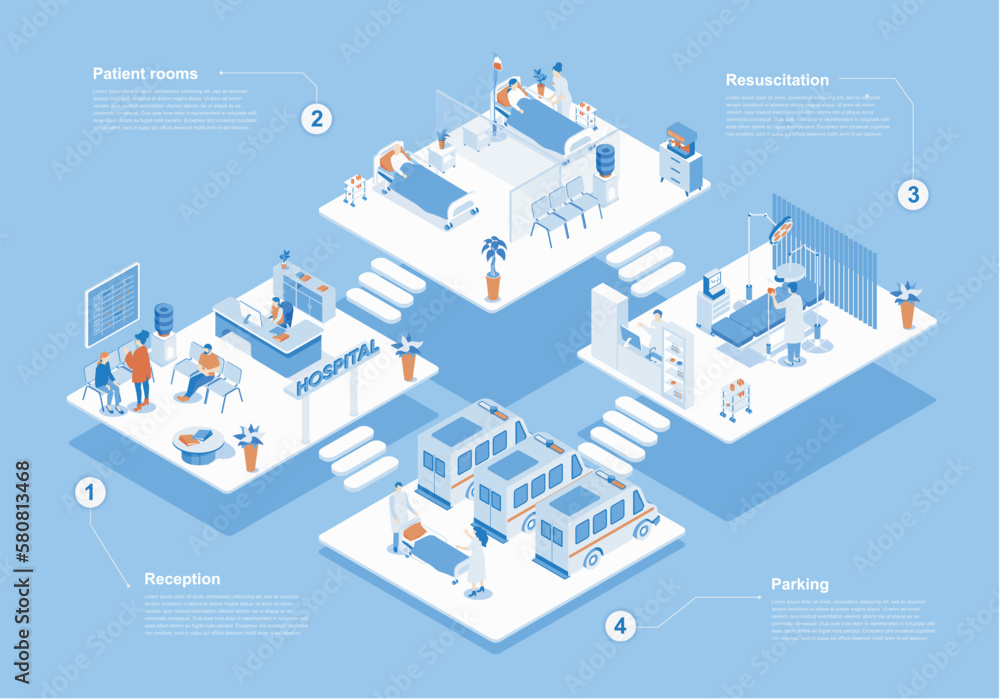 Vector de Stock Hospital concept 3d isometric web scene with infographic. People waiting in ...