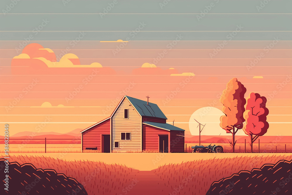 Minimal Midwest Landscape Field Barn Farm Sky Sunset Generative AI ...