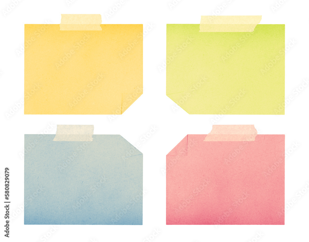 bright neon color sticky notes with tape strips on transparent ...