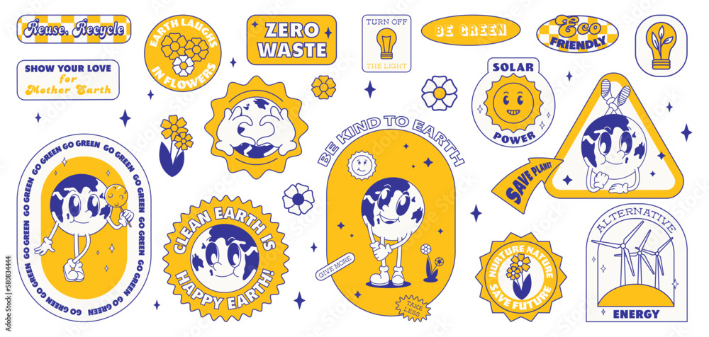 Save the planet stickers in trendy retro cartoon style. World ...