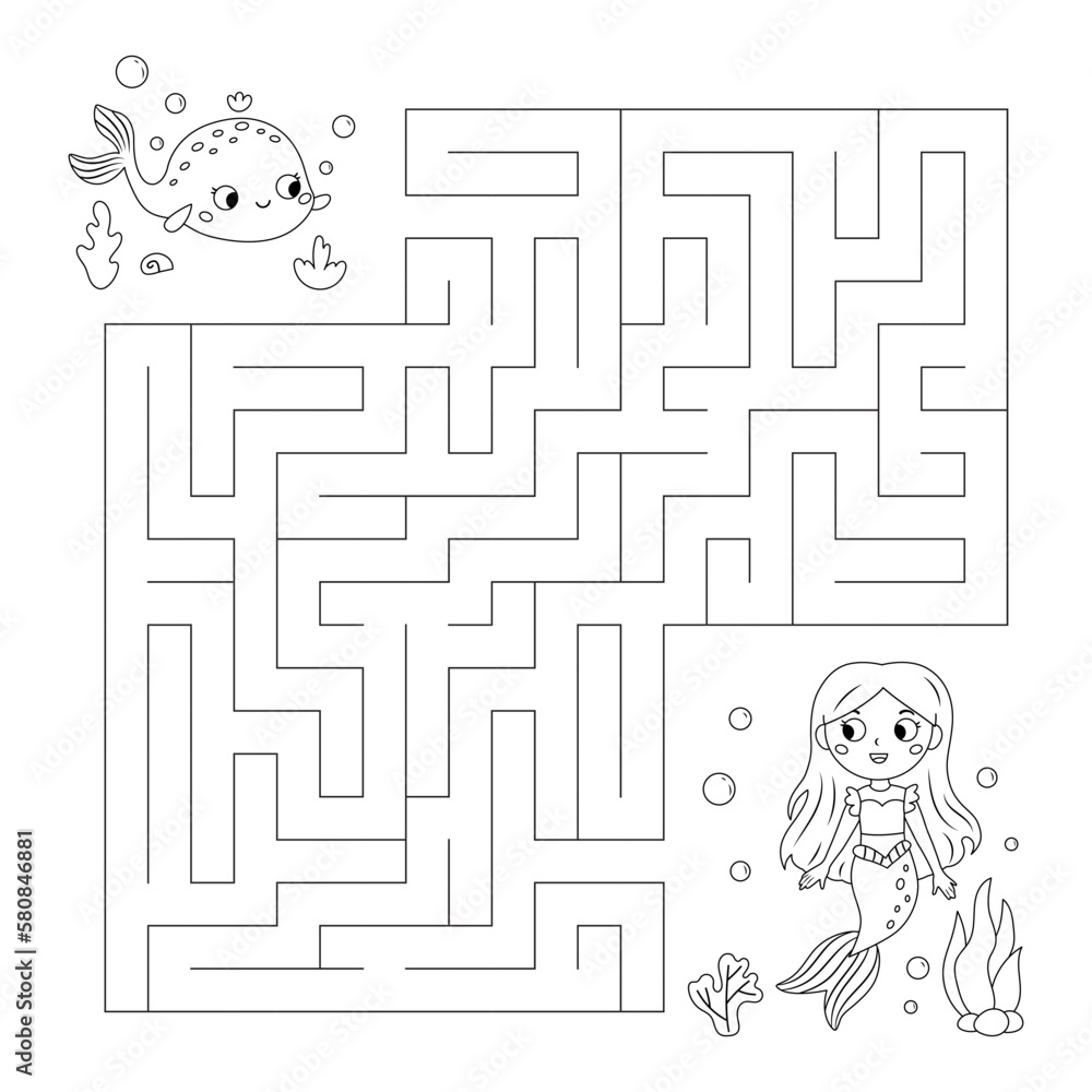 Coloring page with labyrinth. Maze game. Help the whale find the way to ...