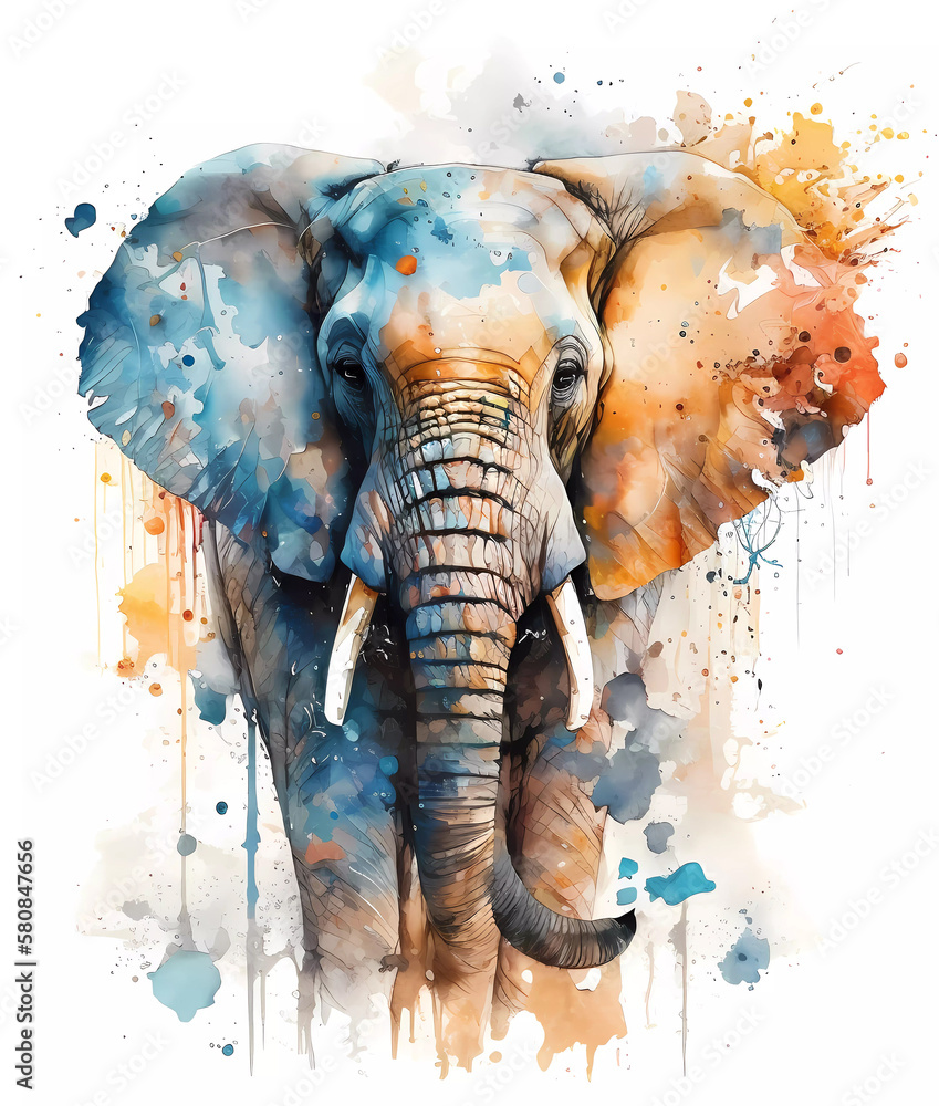 Watercolor colorful elephant painting. Realistic wild animal illustration. Created with ...