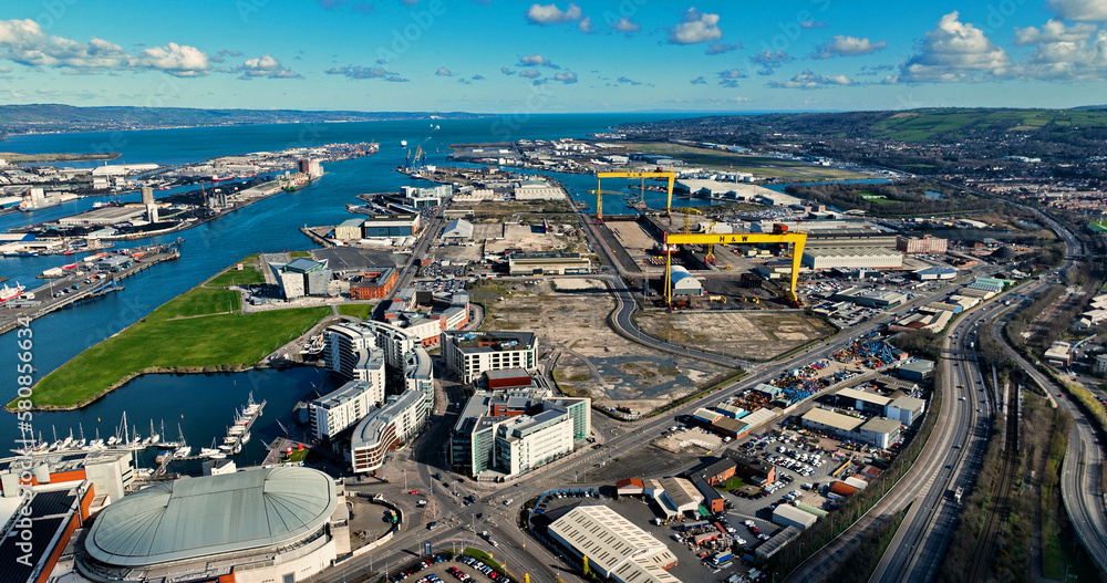 Aerial view of Samson and Goliath Cranes in Harland and Wolff Shipyard ...