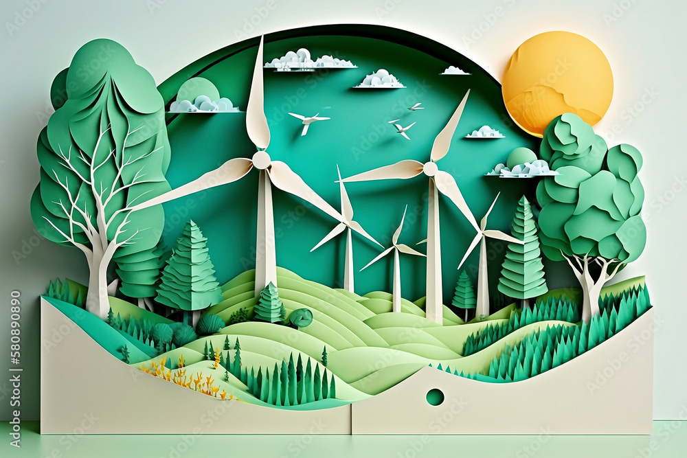 Paper art , renewable energy with green energy as wind turbines ...